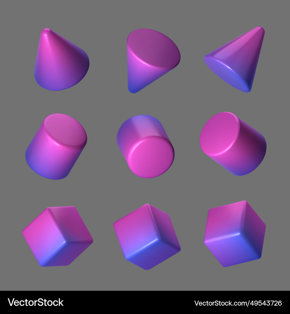3d of violet-blue geometric shape set realistic Vector Image
