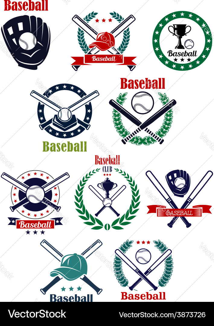 Baseball club and game emblems with equipment Vector Image