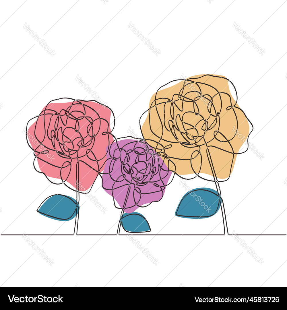 Continuous line drawing of three flowers rose Vector Image