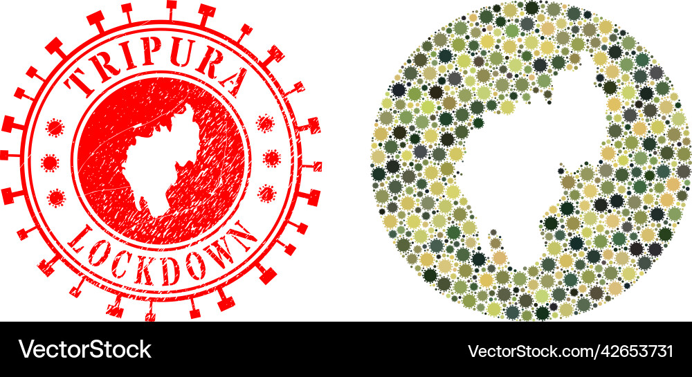 Lockdown grunge badge and flu virus mosaic stencil