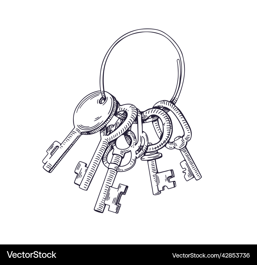 Door keys bunch bundle attached to ring engraved Vector Image