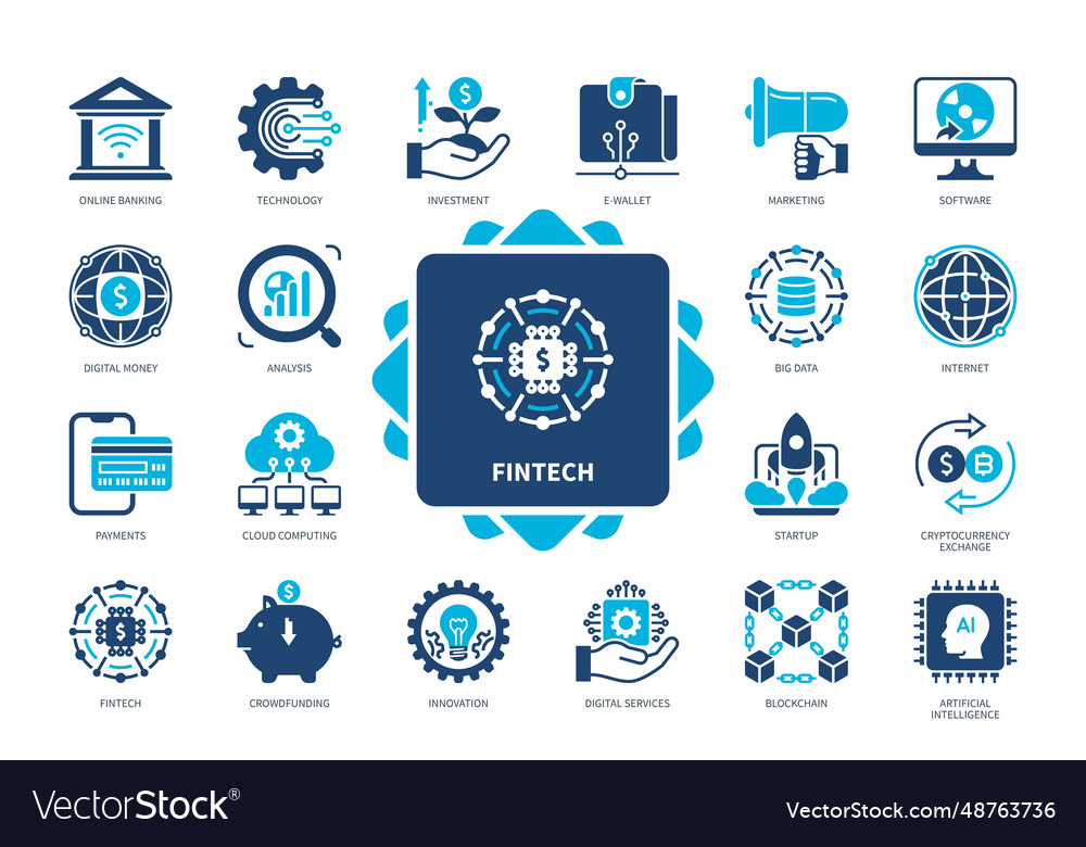 Fintech solid icon set Royalty Free Vector Image