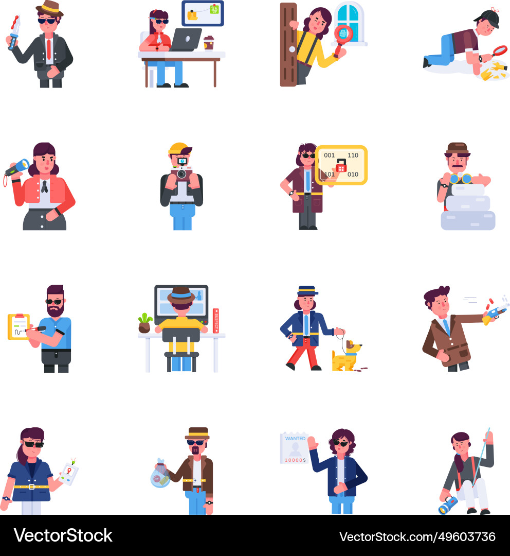 Pack of private investigators flat characters Vector Image