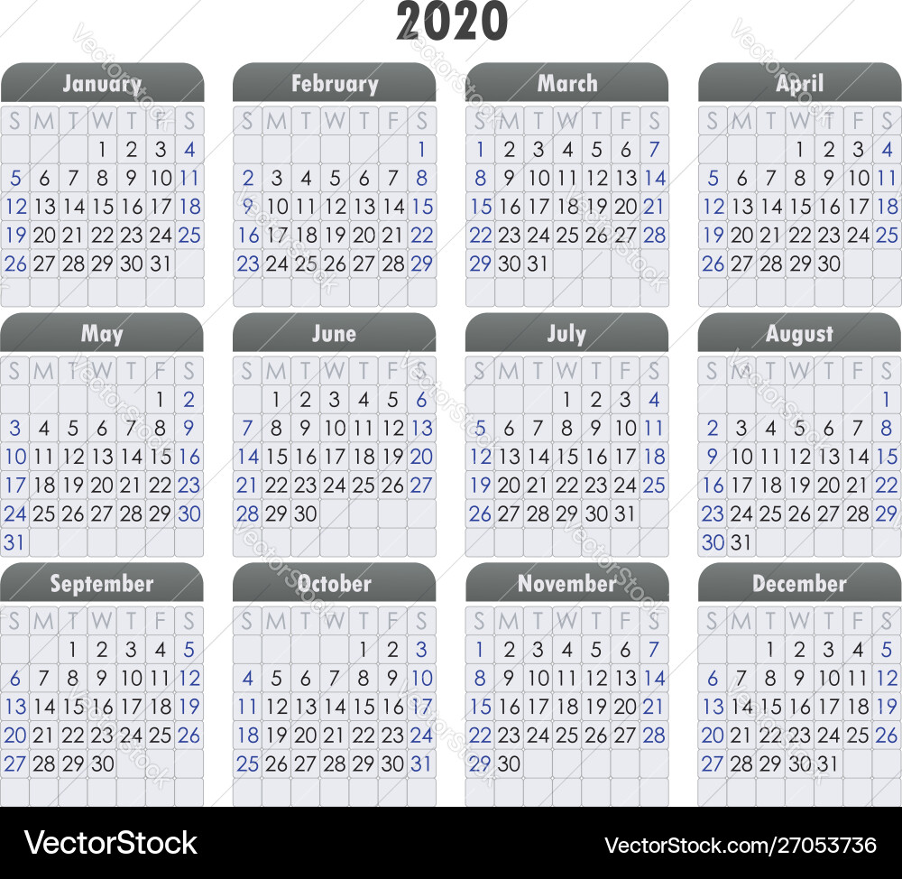 Year 2020 international calendar Royalty Free Vector Image