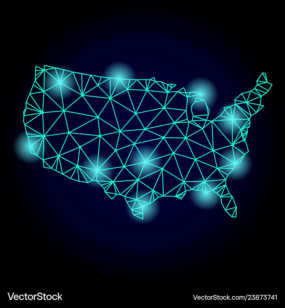 Polygonal network mesh map of usa with light spots