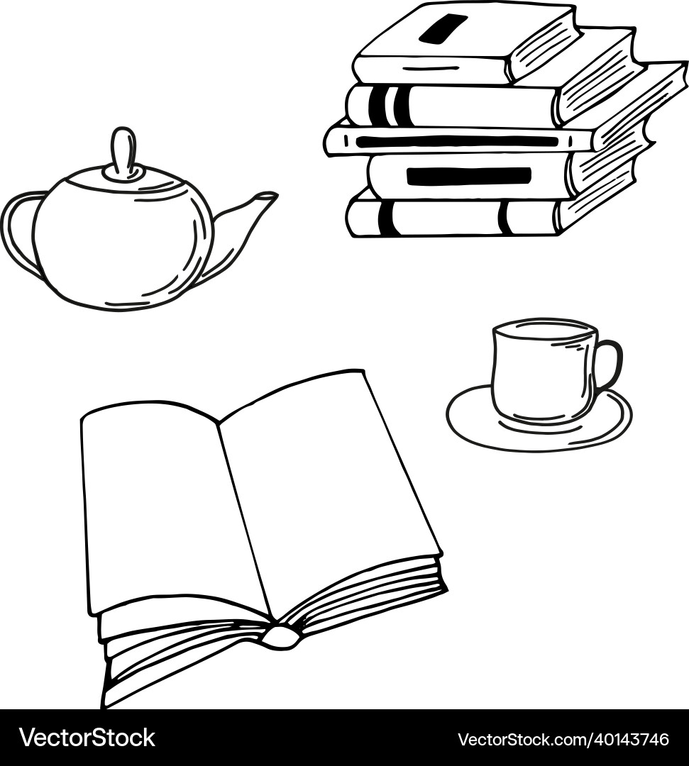 Book is open tea teapot cup stack of books Vector Image