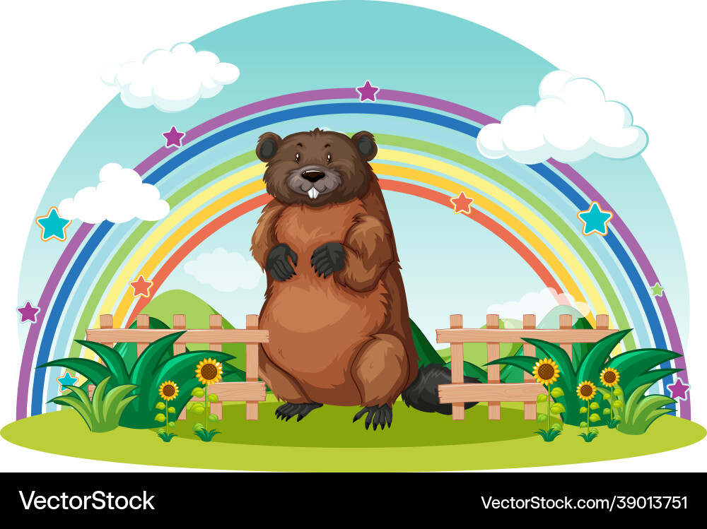 A beaver in garden with rainbow sky Royalty Free Vector