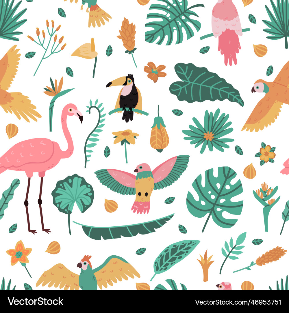 Exotic tropical leaves and birds seamless pattern Vector Image