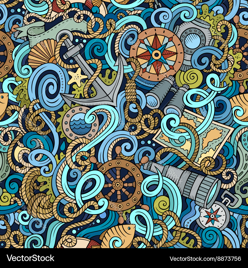 Cartoon hand-drawn nautical doodles seamless Vector Image