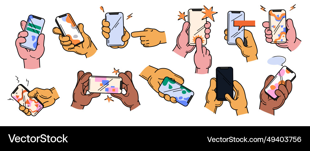 Human hands holding smartphones doodle set Vector Image