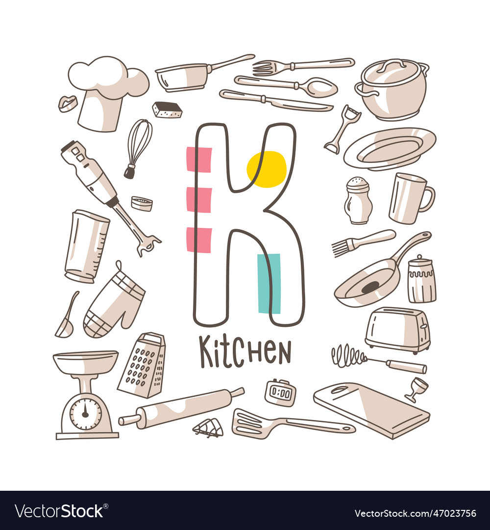 Letter k - kitchen cute alphabet series in doodle Vector Image