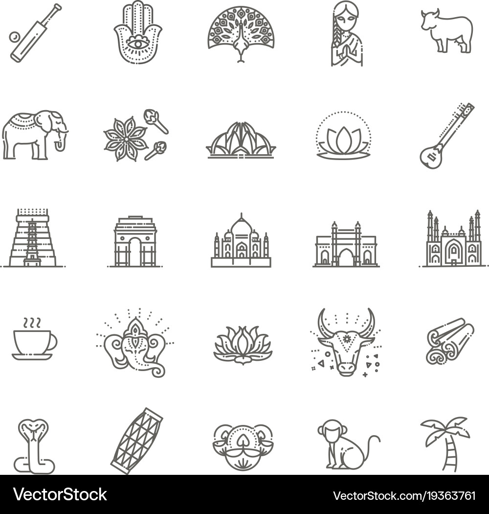India icons set indian attractions line design Vector Image