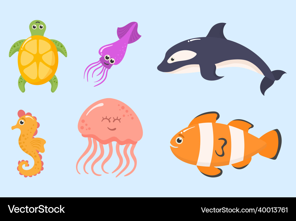 Set ocean animals underwater creatures sea fish Vector Image