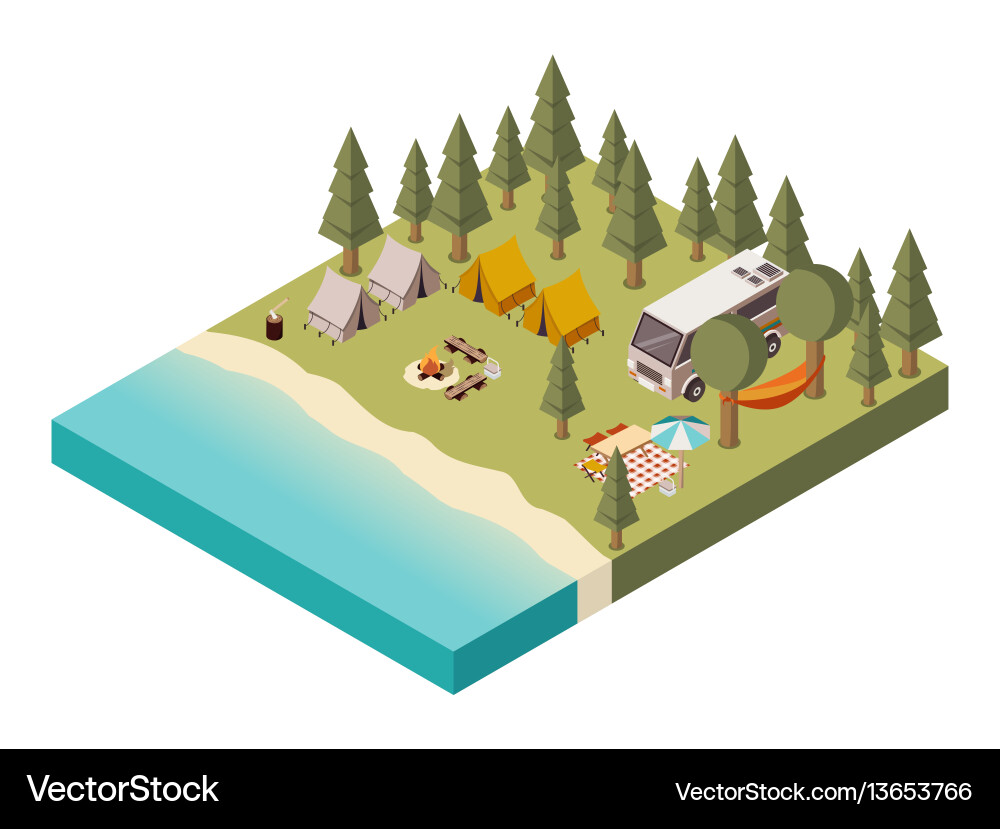 Camp near lake isometric Royalty Free Vector Image