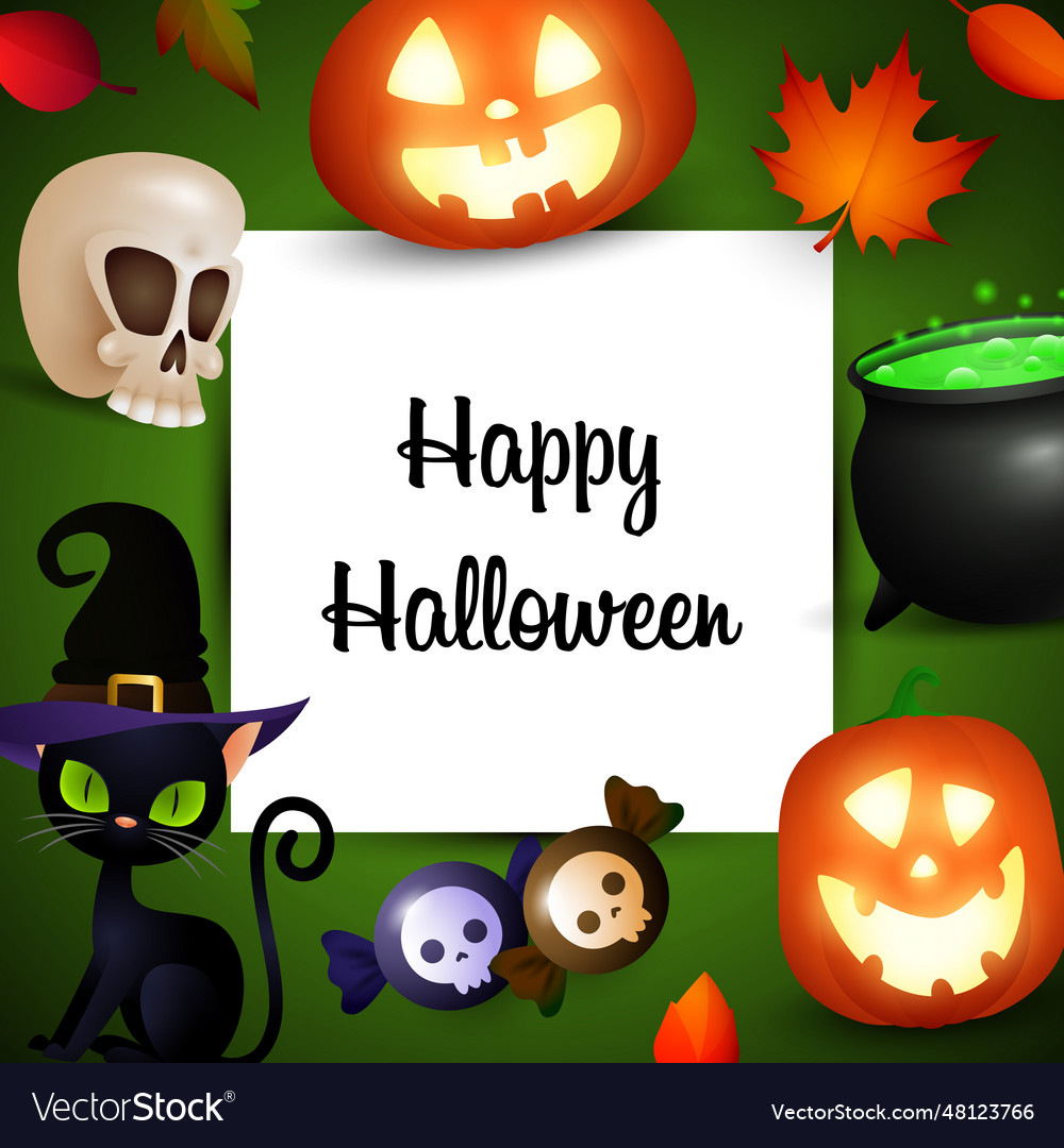 Happy halloween greeting card template on green Vector Image
