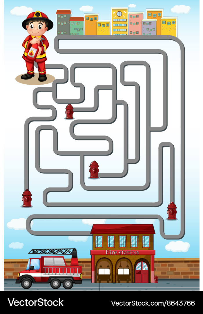 Maze game with fire fighter and station Royalty Free Vector