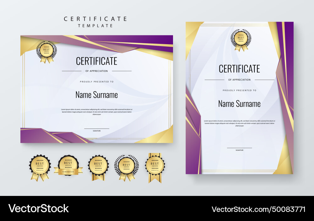 Gold and purple violet certificate design Vector Image