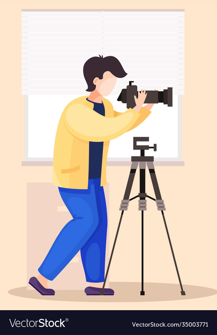 Guy standing and adjusting camera Royalty Free Vector Image