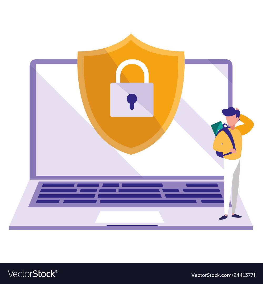 Man using laptop computer with shield Royalty Free Vector