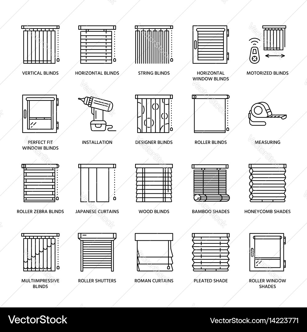 Window blinds shades line icons various room Vector Image