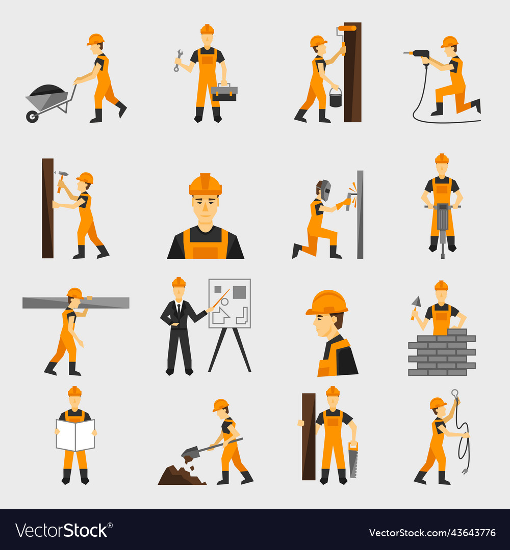 Construction worker icons flat Royalty Free Vector Image