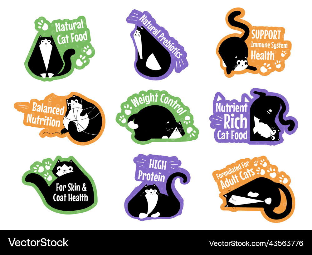 Natural cat food sticker set tag design Royalty Free Vector