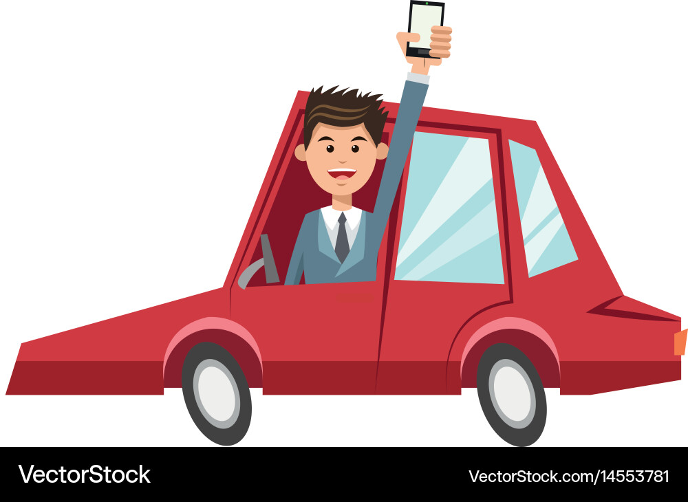 Character man in red car with mobile phone Vector Image