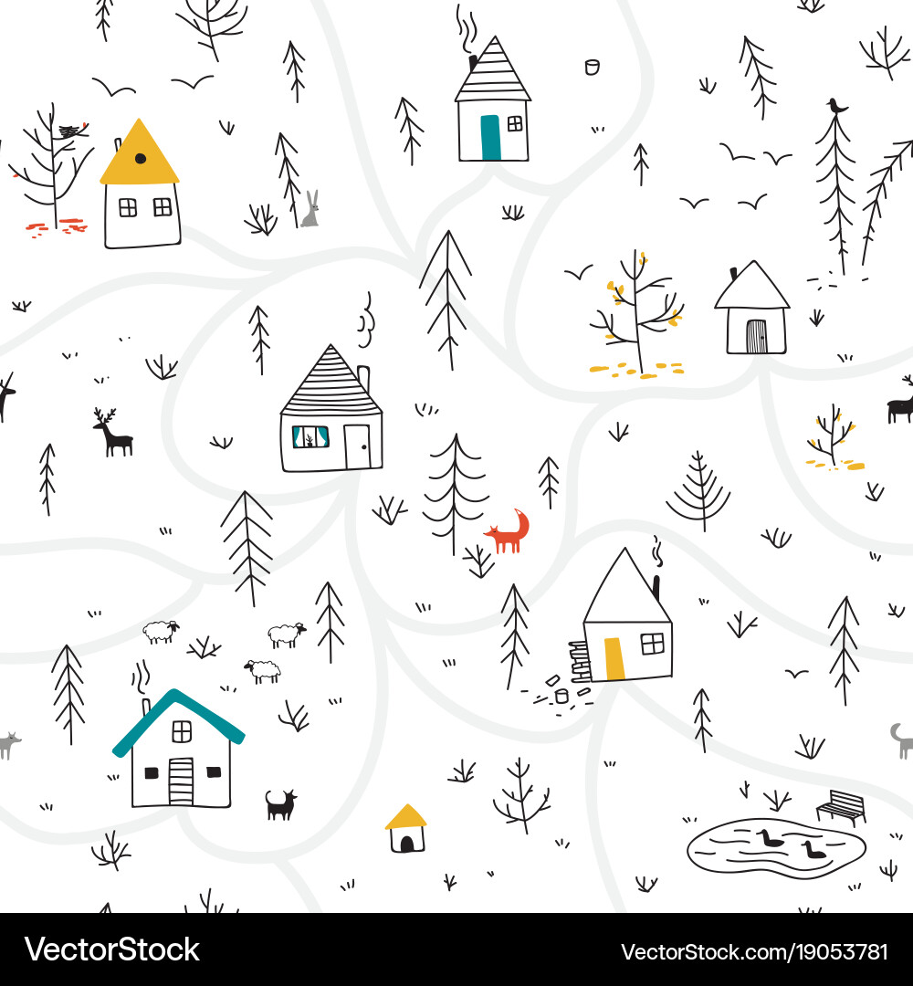 Houses in winter forest seamless pattern with Vector Image