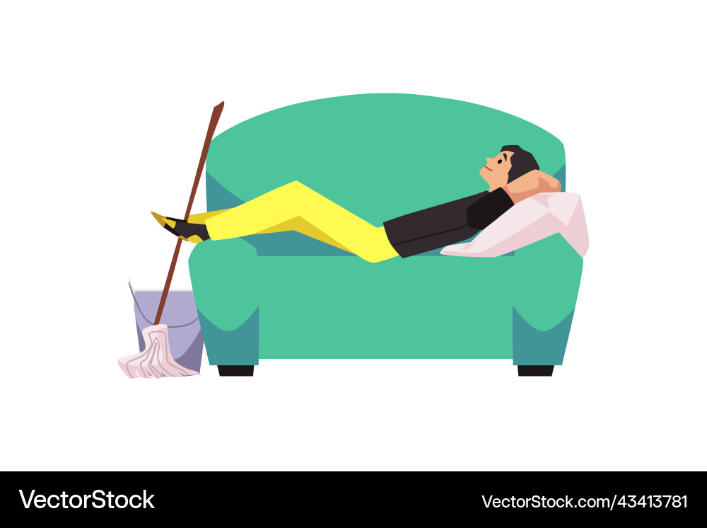 Lazy man laying on couch during cleaning Vector Image