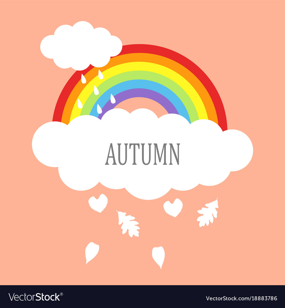 Rainbow with clouds and falling leaves Royalty Free Vector