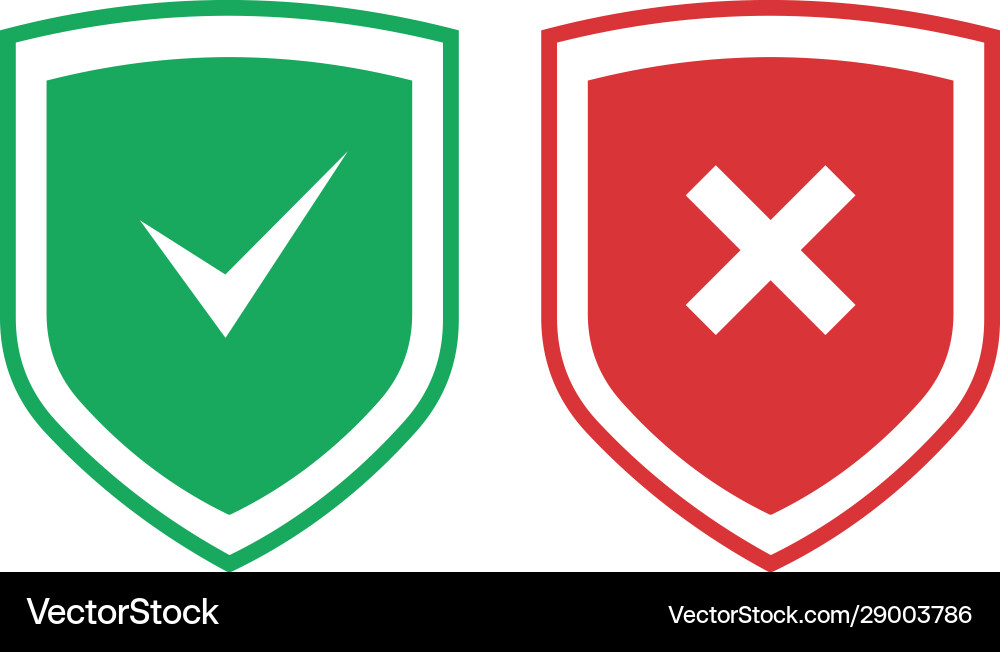 Shields with check mark and cross icons set red Vector Image