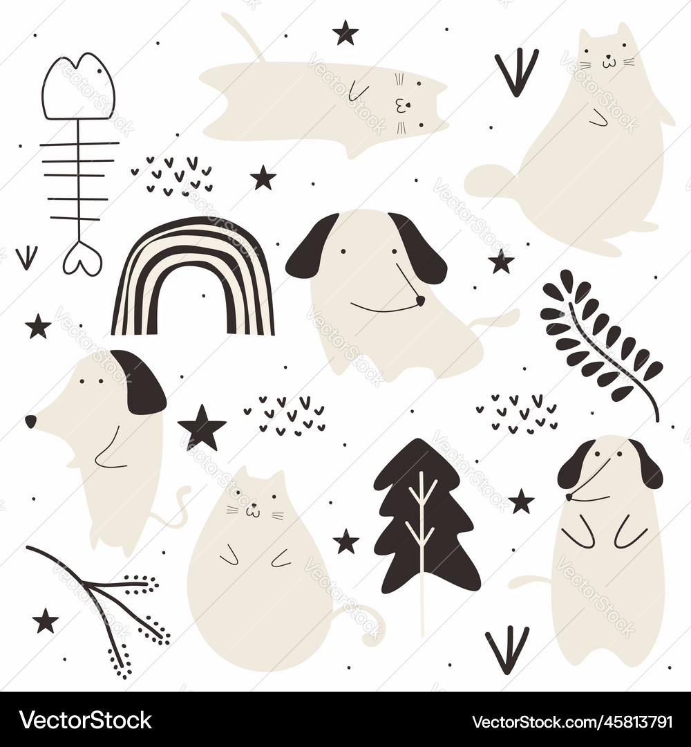 Cat and dog scandinavian drawing set design pack Vector Image