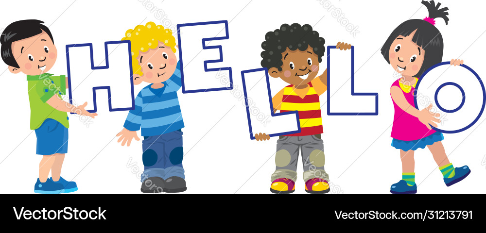 Children set smiling five kids with letters hello Vector Image
