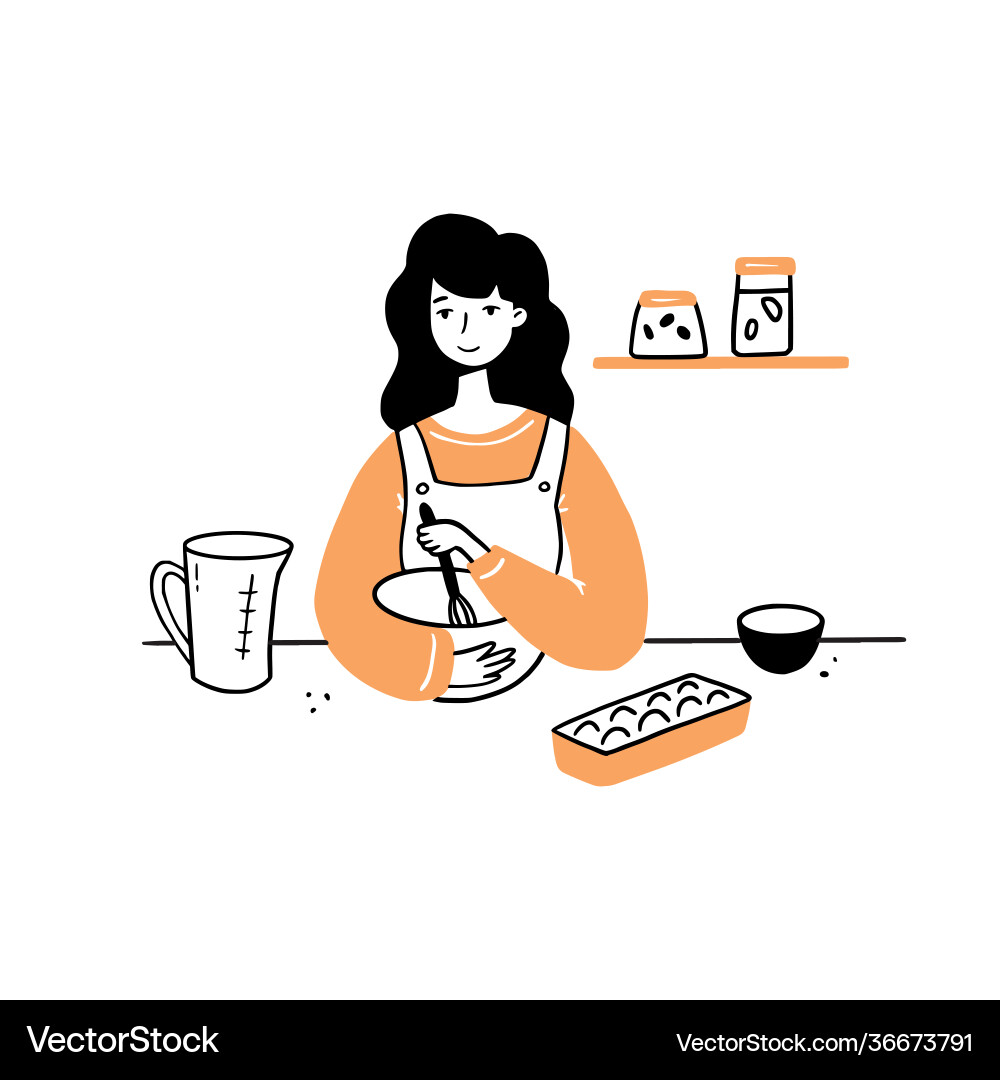 Hand drawn young woman cooking Royalty Free Vector Image