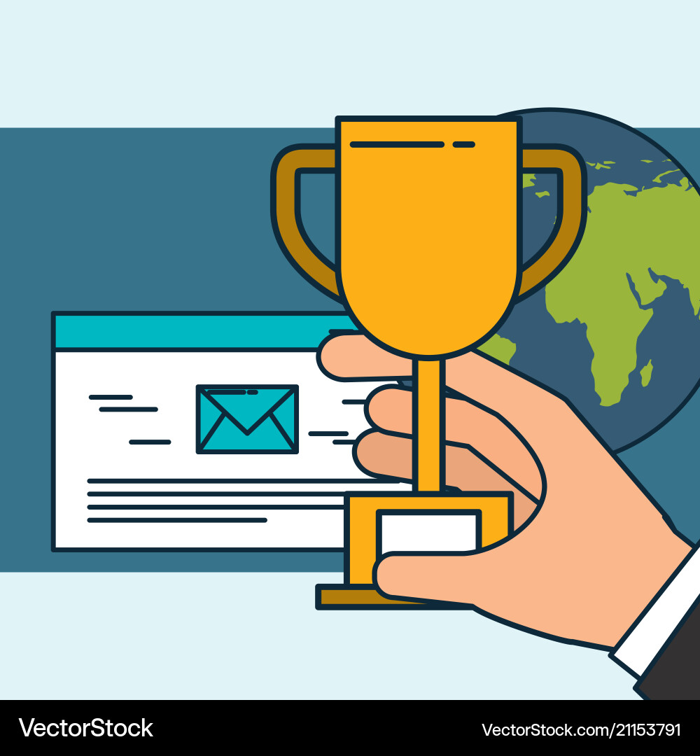 Hand holding trophy email digital marketing world Vector Image