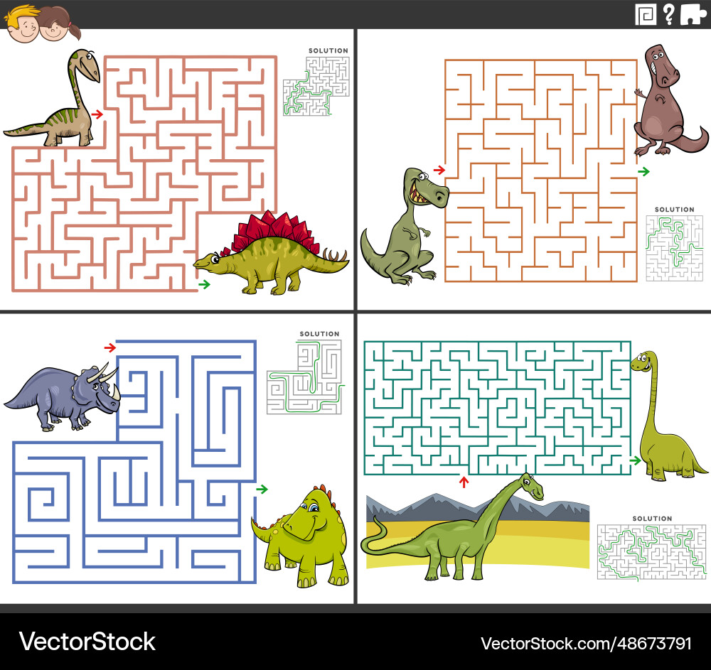 Maze activities set with cartoon dinosaurs Vector Image