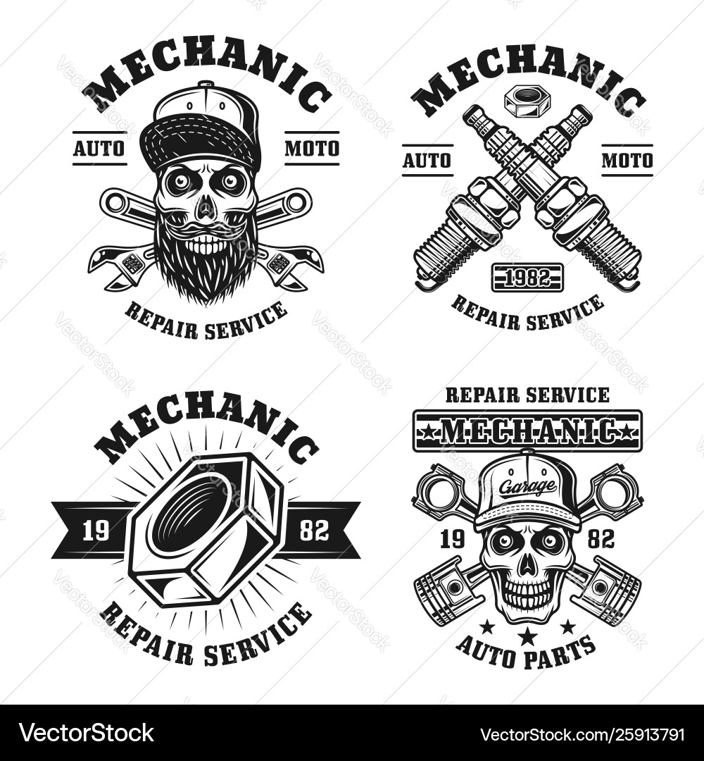 Mechanic and repair service four emblems Vector Image