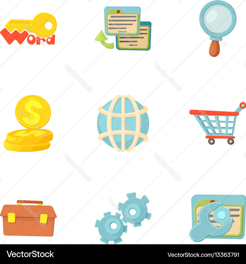 Seo icons set cartoon style Royalty Free Vector Image