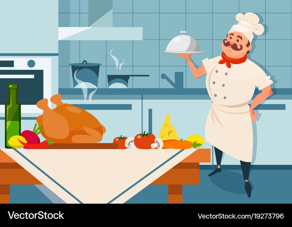 Cartoon chef character holding silver dish in hand