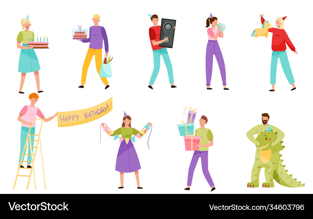 People characters celebrating birthday hanging Vector Image