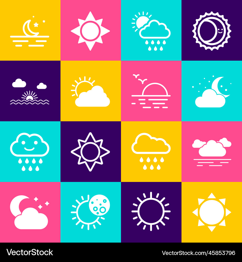 Set sun cloud with moon and stars rain sun Vector Image