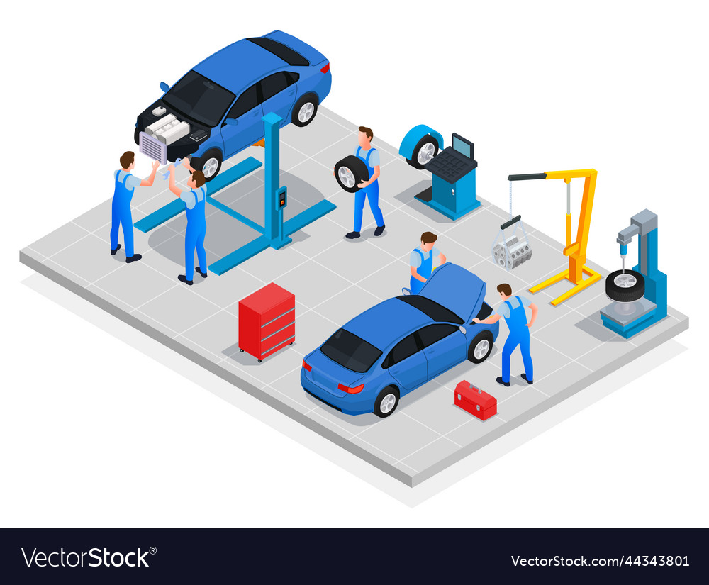 Car workshop isometric composition Royalty Free Vector Image