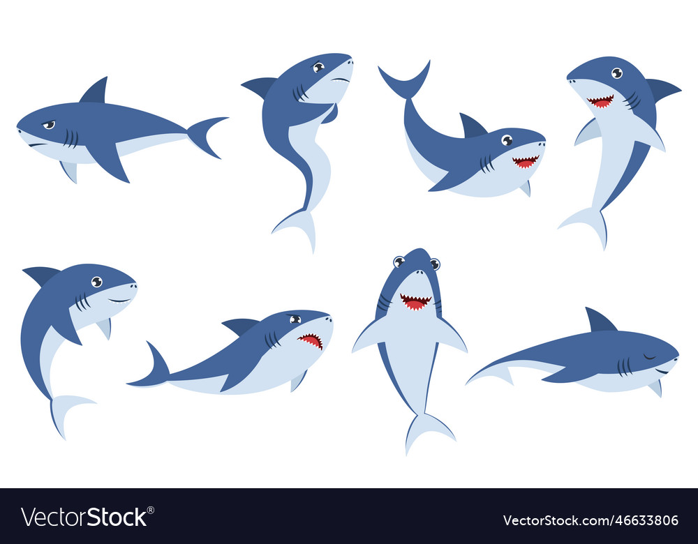 Cute sharks in different poses cartoon Royalty Free Vector Cute sharks in different poses cartoon Royalty Free Vector