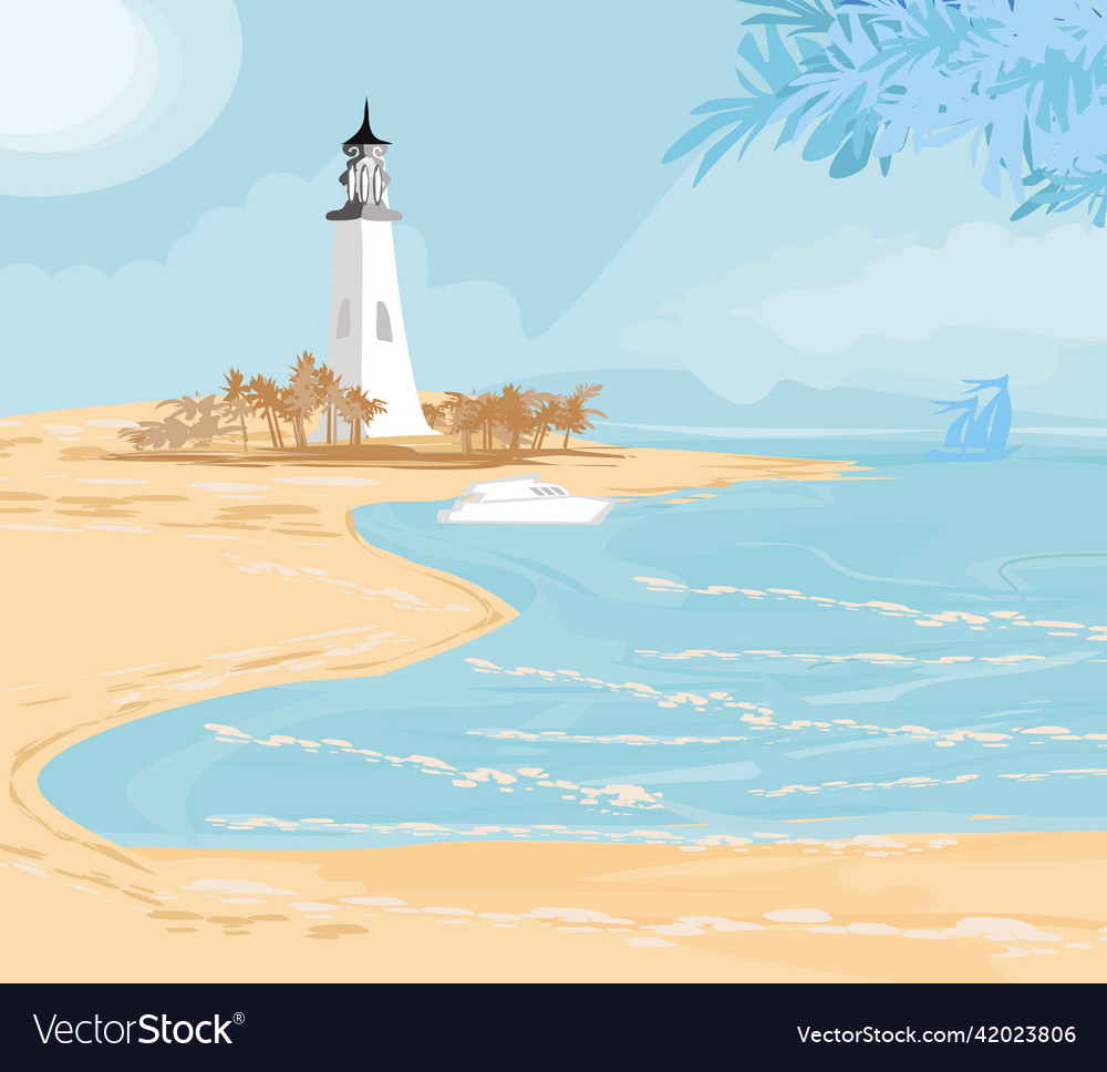Lighthouse seen from a tiny beach Royalty Free Vector Image