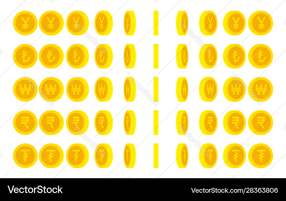 Set rotating coins with popular asian currency Vector Image