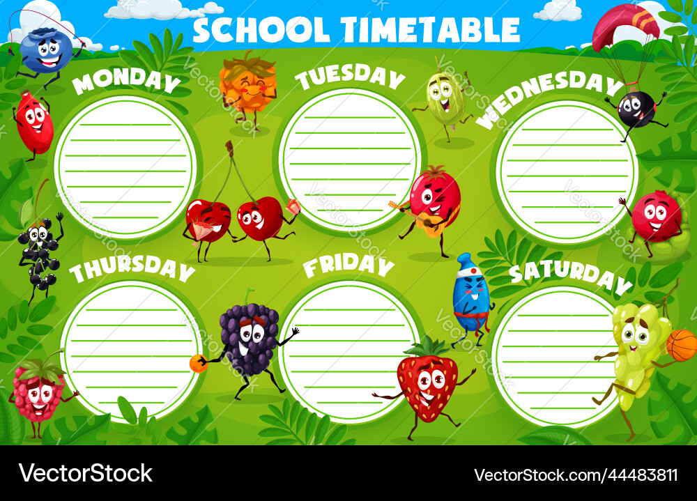 Education timetable with cartoon berry characters Vector Image