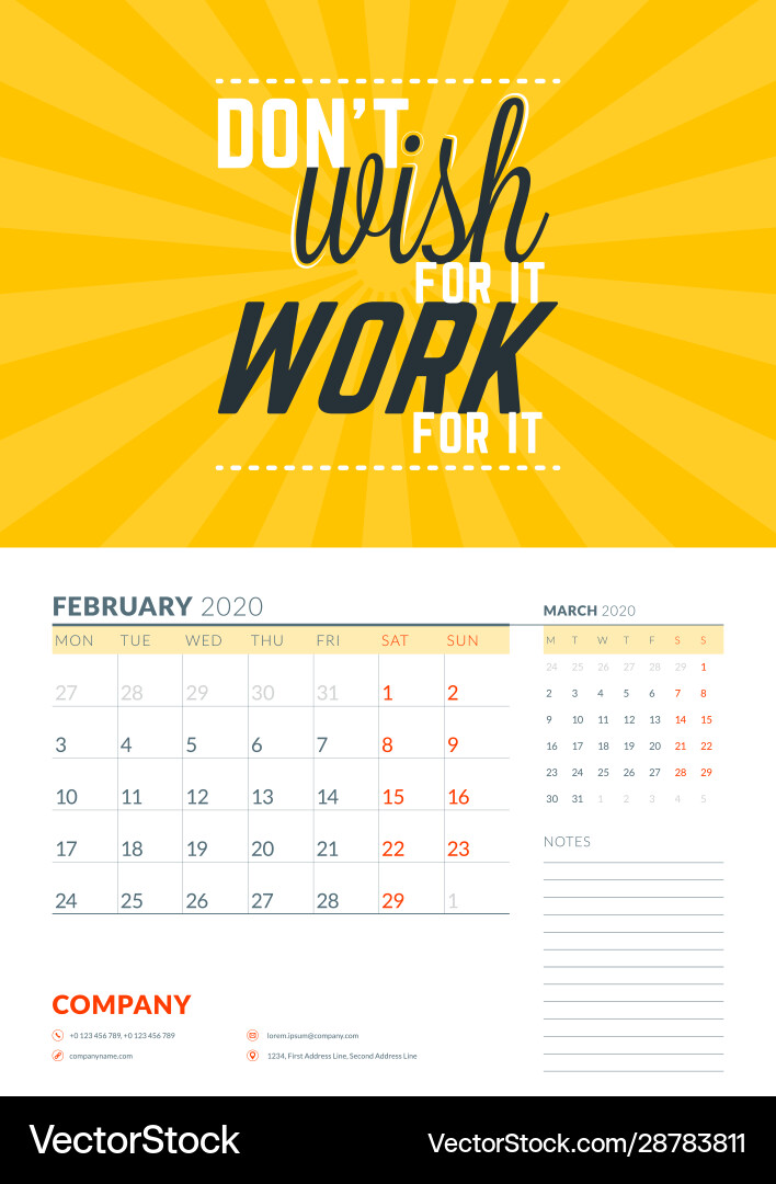 Wall calendar template for february 2020 design Vector Image