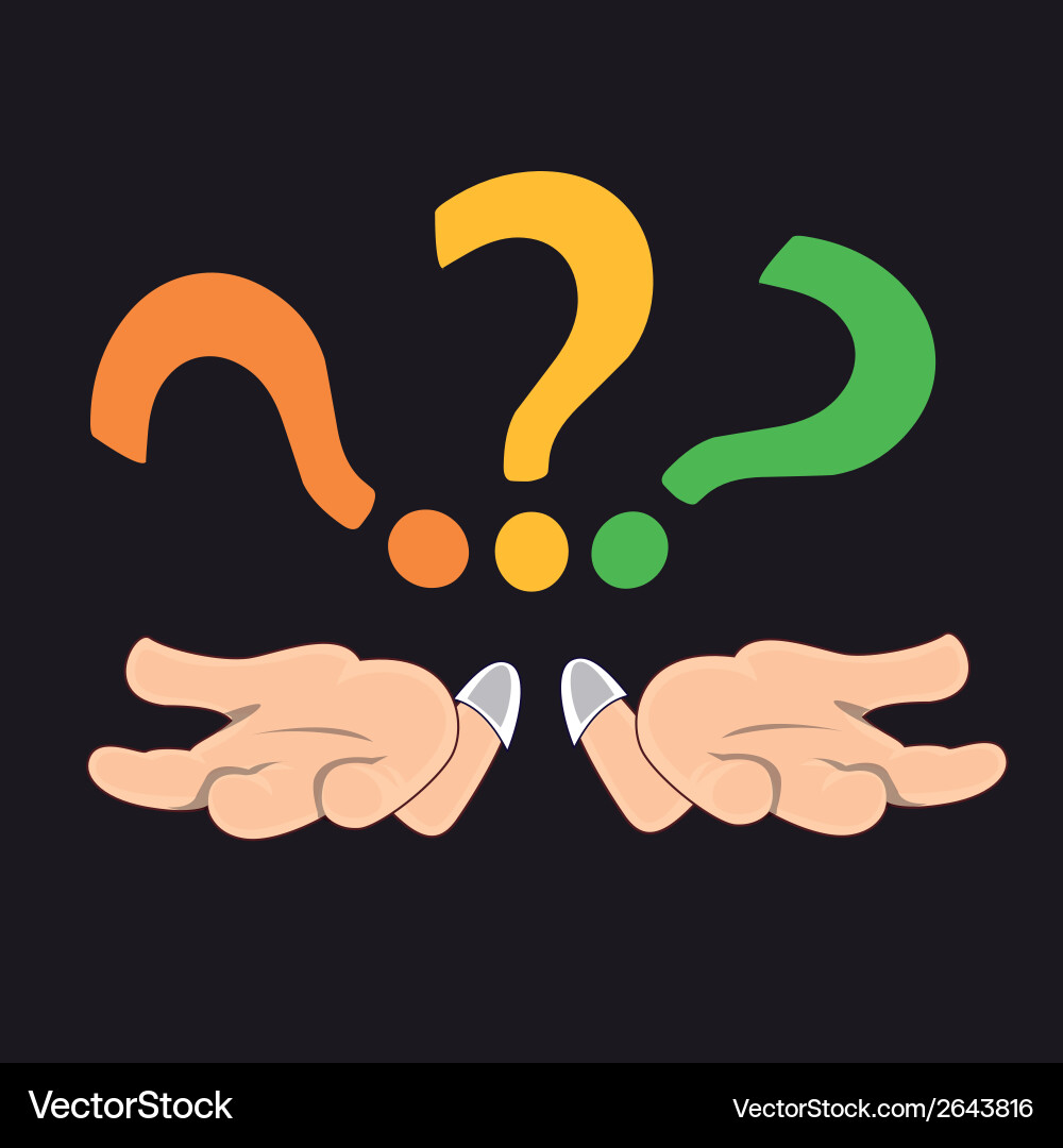 A pair hands and some question symbols in black Vector Image