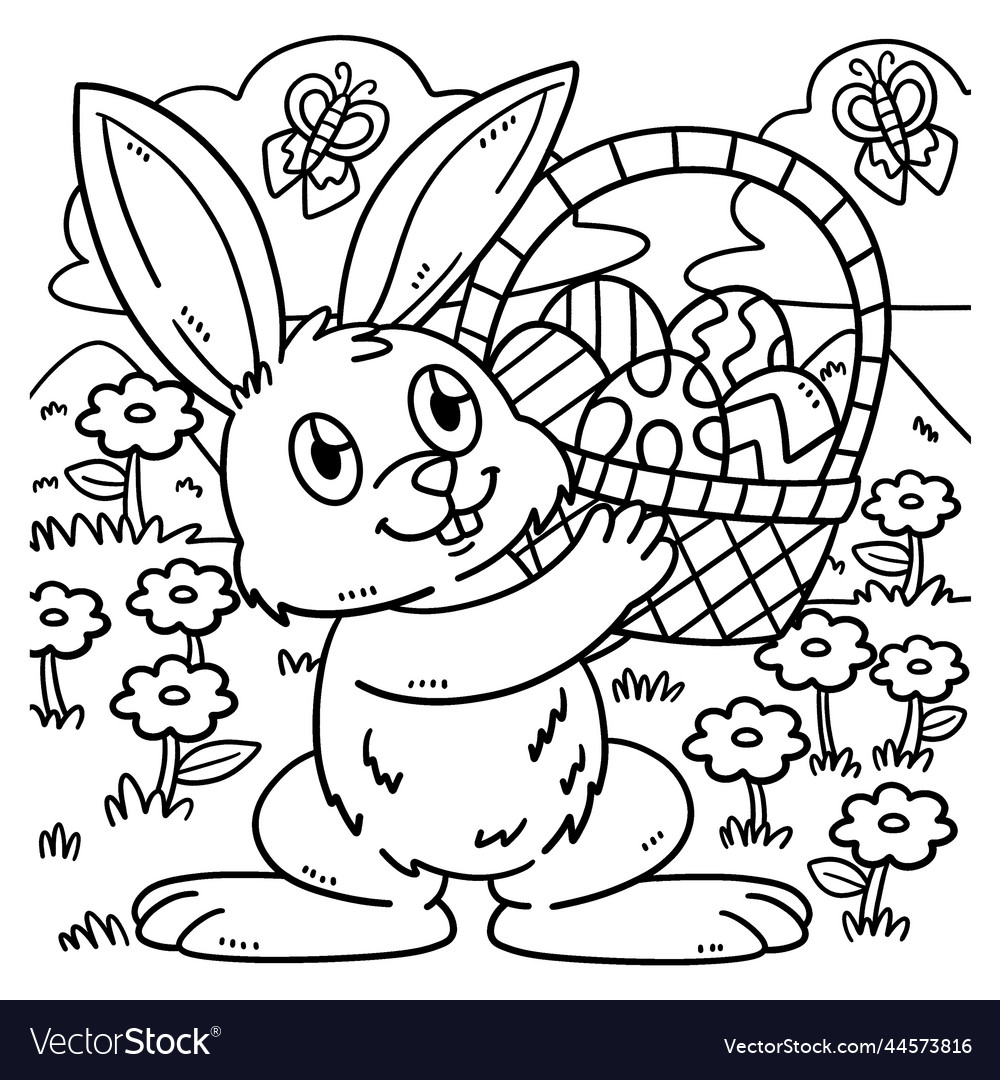 Bunny and basket of easter eggs coloring page Vector Image