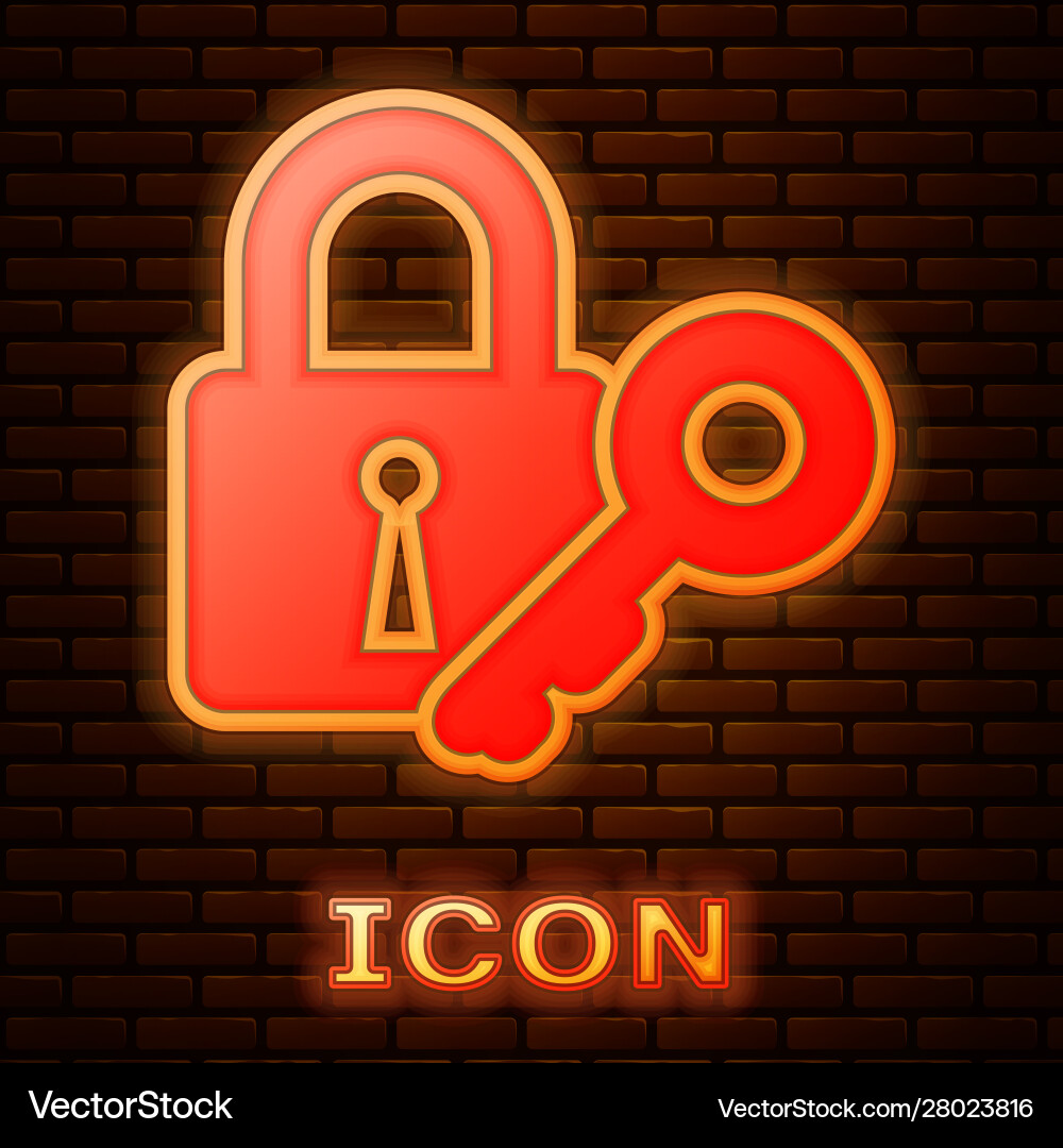 Glowing neon lock and key icon isolated on brick Vector Image